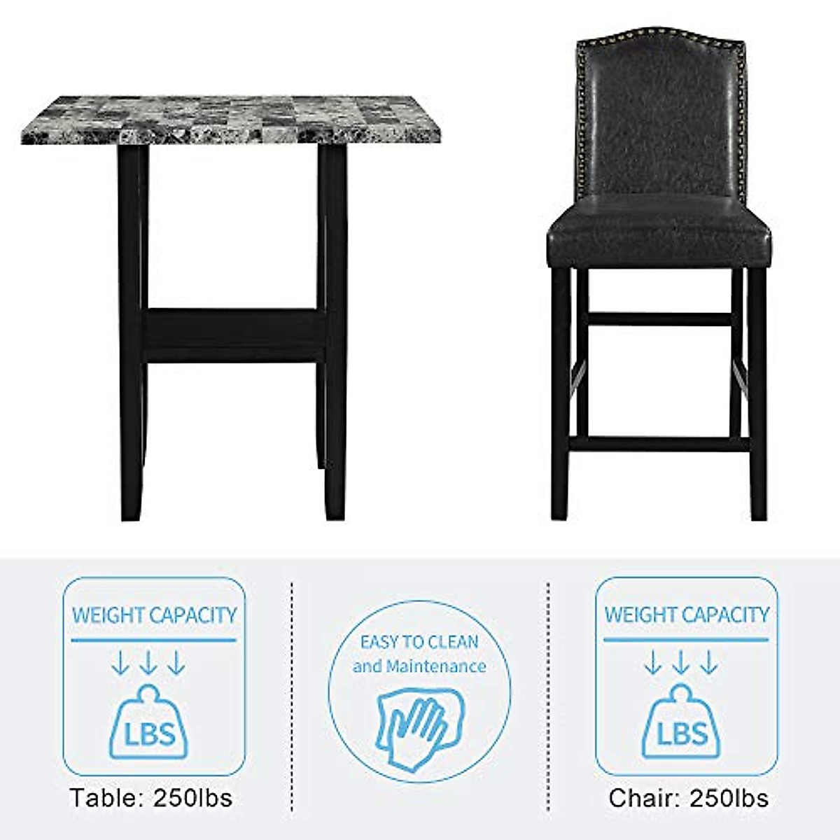 Dinehome 5-Piece Kitchen Dining Set Faux Marble Tabletop Counter Height Table with Bottom Shelf Leather Upholstered Chairs for 4 Persons, Black+Gray