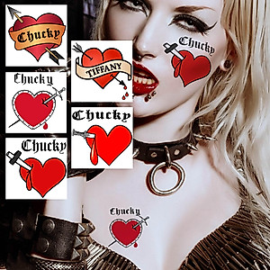 VANTATY 25 PCS 3D Bride Of Chucky Tattoo Heart, Tiffany Costume Bride Of Chucky For Women Kids Girls, Bride Of Chucky Heart Temporary Tattoo Stickers, Halloween Costume Zombie Chucky Makeup Kit