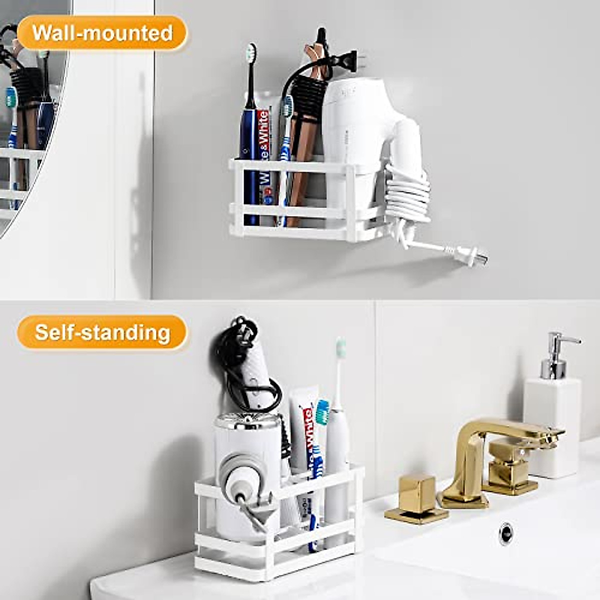 VITVITI Hair Dryer Holder Wall Mounted, Hair Styling Tools Organizer, Flat Iron/Curling Wand Storage Basket, for Blow Hairdryer/Hair Straightener Brush/Bathroom, White Metal
