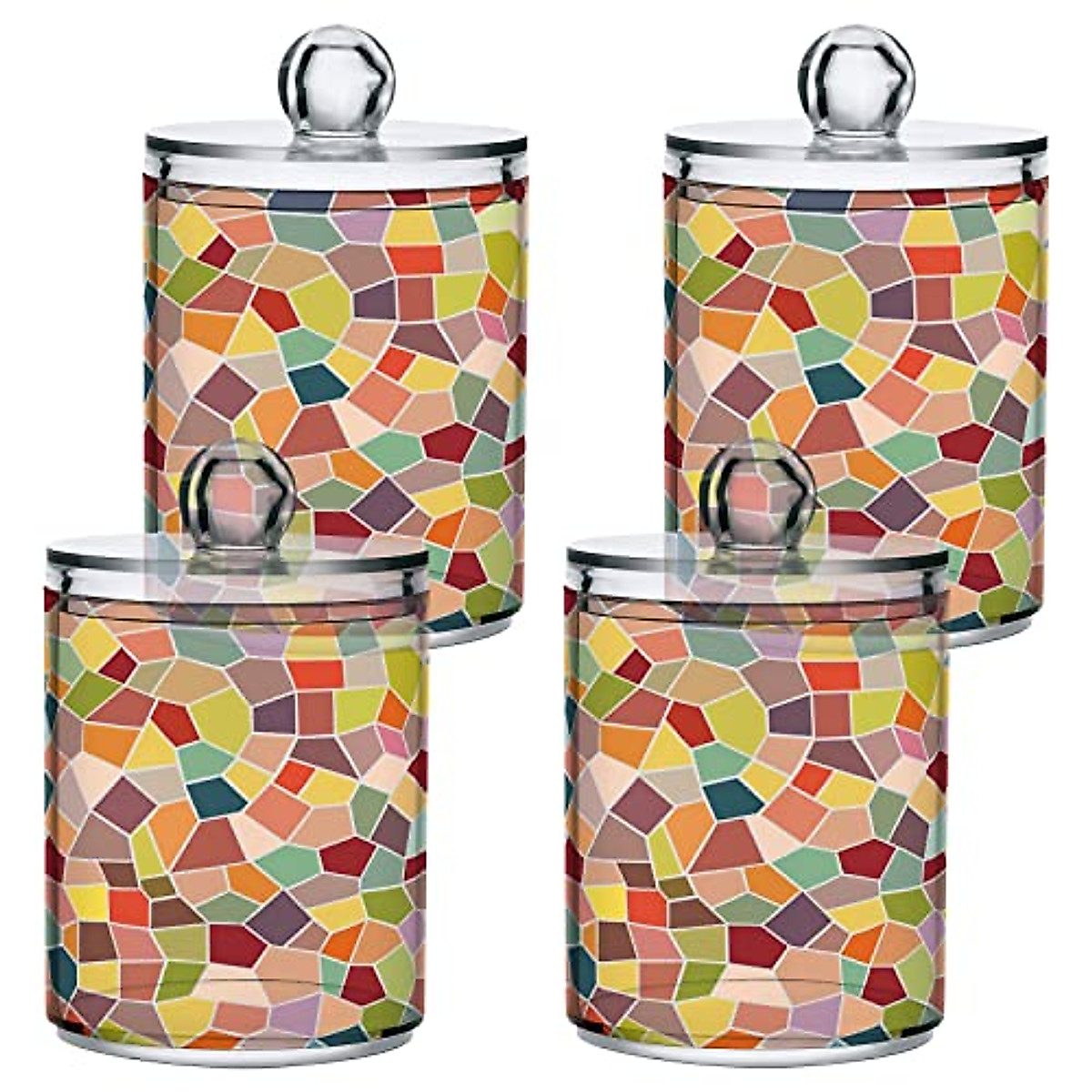 Kigai Colorful Geometry Qtip Holder - 14OZ Clear Plastic Apothecary Jars Bathroom Canister Dispenser Organizer Vanity Storage Jar with Lid for Cotton Ball, Cotton Swab, Floss (4PACK)
