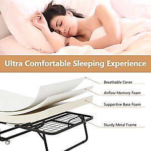 Folding Bed with Mattress - Portable Foldable Roll Away Adults Bed for Guest, 5-Inch Thick Luxurious Memory Foam, Space Saving Fold Up Bed with Dust Proof Cover & Wheels for Easy Storage,75" Dx 31" W