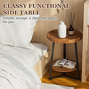 Gadroad Round End Table with Storage Shelf, 2 Tier Farmhouse Side Table Nightstand for Living Room, Bedroom, Wood Tabletop & Black Metal Frame, Brown 15.7 * 15.7 * 23.6inches