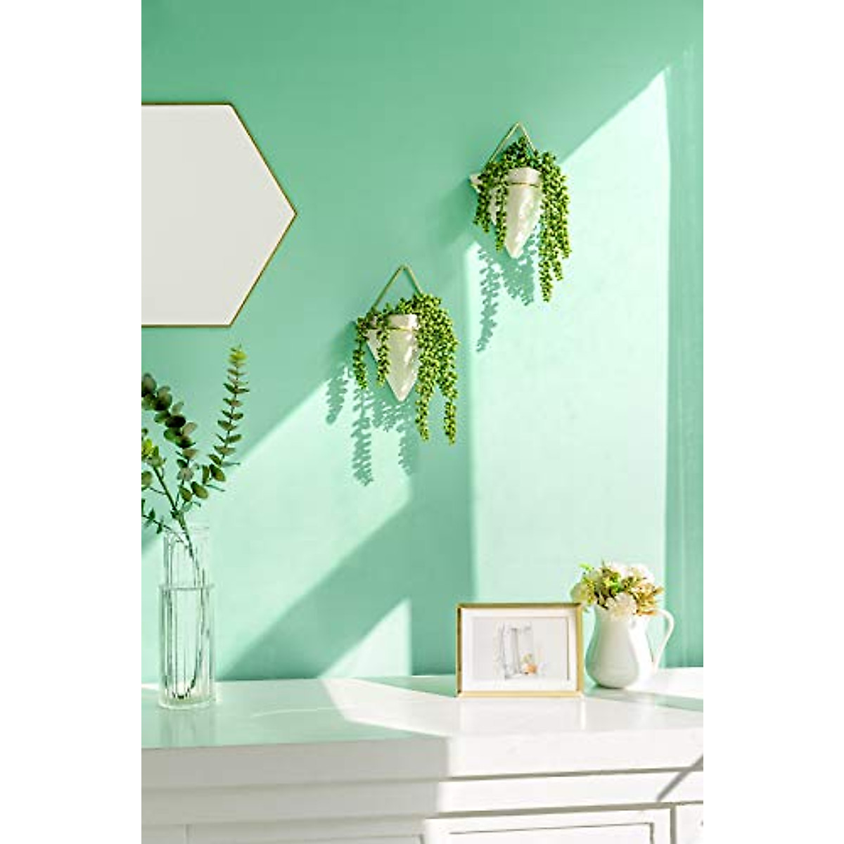 Dahey Geometric Wall Planter Hanging Vase with Artificial Succulent Plants Fake String of Pearls Modern Small Ceramic Wall Decor for Indoor Outdoor Home Office Garden, 2 Pack