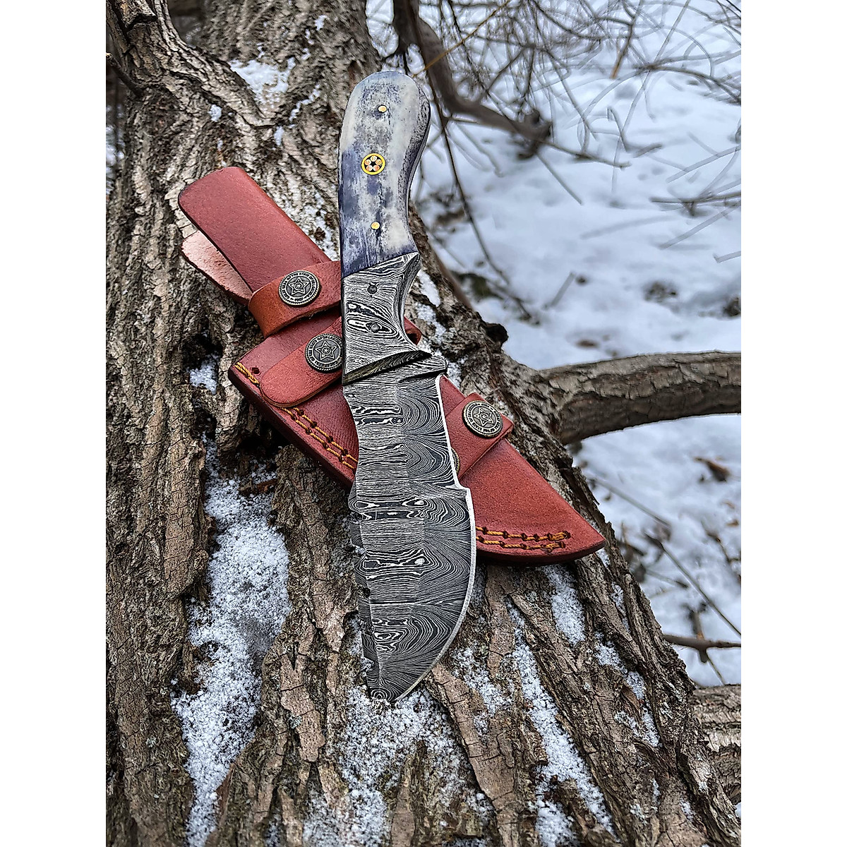 Titan International Knives Damascus Hunting and Camping Knife | Fixed Blade Survival Knive Handmade 1095 4340 Carbon Mix Hand Pounded | Bolster and Dyed Bone Handle with Leather Sheath Perfect for Outdoors