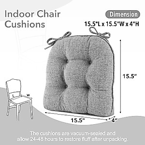 downluxe Indoor Chair Cushions for Dining Chairs, Tufted Overstuffed Textured Memory Foam Kitchen Chair Pads with Ties and Non-Slip Backing, 15.5" x 15.5" x 4", Light Grey, 4 Pack