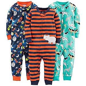 Simple Joys by Carter's Baby Boys' 3-Pack Snug Fit Footless Cotton Pajamas, Navy Space/Rust Stripe/Turquoise Green Dogs, 5T