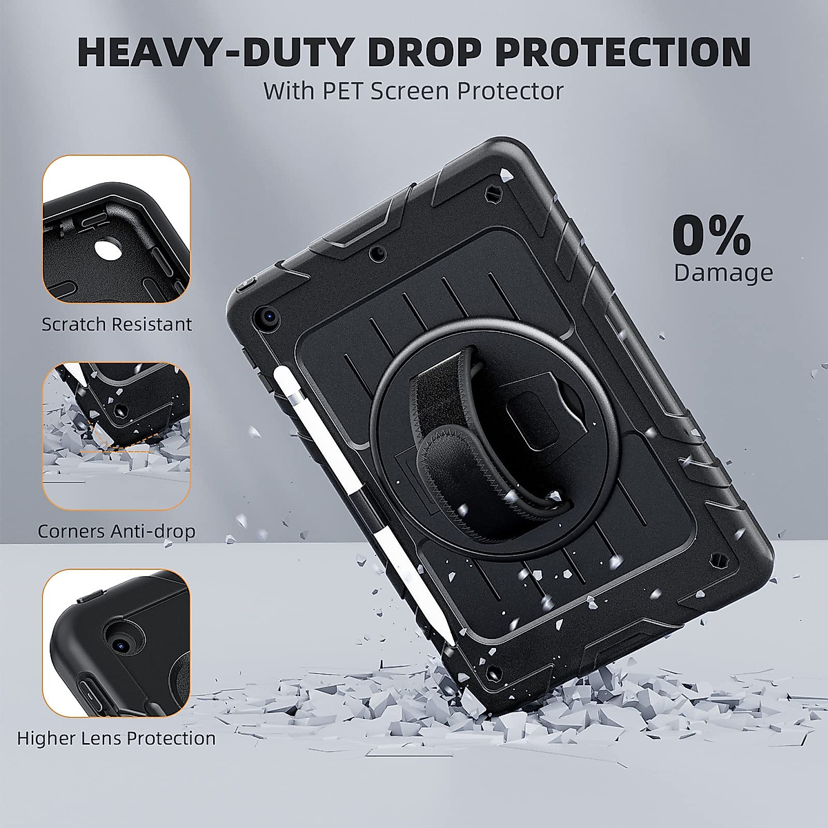 Stweap Case for iPad 9th/8th/7th Generation-Built-in Screen Protector,with Pencil Holder&360°Rotating Hand Strap,Shoulder Strap,Case for iPad 10.2 inch 2021-2019(Black)