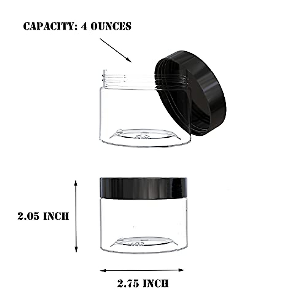 4 oz Plastic Pot Jars Round Clear Leak Proof Plastic Cosmetic Container Jars with black Lids for Cosmetic, Lotion, Cream, Eye shadow, 12 Pcs.