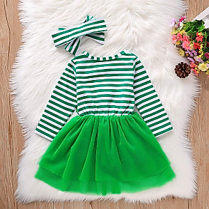 St Patricks Day Outfits Toddler Baby Girls Clover Dress Striped Long Sleeve Mesh Tutu Skirts with Headband 2PCS Set (Green, 3-4 Years)