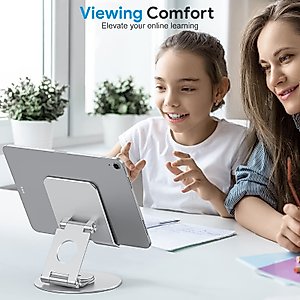 OMOTON Swivel Tablet Stand for iPad with 360 Rotating Base, Foldable Adjustable Holder for Drawing, Compatible with iPad Pro/Air/Mini and More, Silver