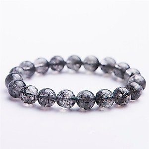 LiZiFang Brazil Natural Black Rutilated Quartz Crystal Round Bead Bracelet 10mm