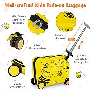 HONEY JOY 12" Bee Themed Kids Travel Backpack & 18" Hardside Suitcase with Wheels, Yellow, 2 Pcs