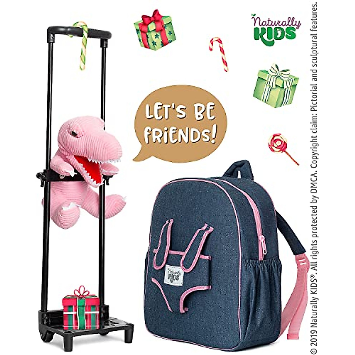 Naturally KIDS Dinosaur Backpack - Dinosaur Toys for Kids 3-5 - Kids Suitcase for Boys Girls w Stuffed Animal - Gifts for 7 Year Old Boy - w Pockets & Reflective Logo - Rolling Backpack w Pink T Rex