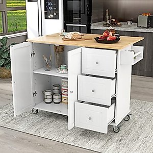 Kitchen Island Carts on Wheels, Rolling Storage Cabinet Trolley 52.7" Foldable Drop-Leaf Breakfast Bar Spice Rack, Towel Rack & Drawer, Solid Wood Top Buffet Server Sideboard(White-B)