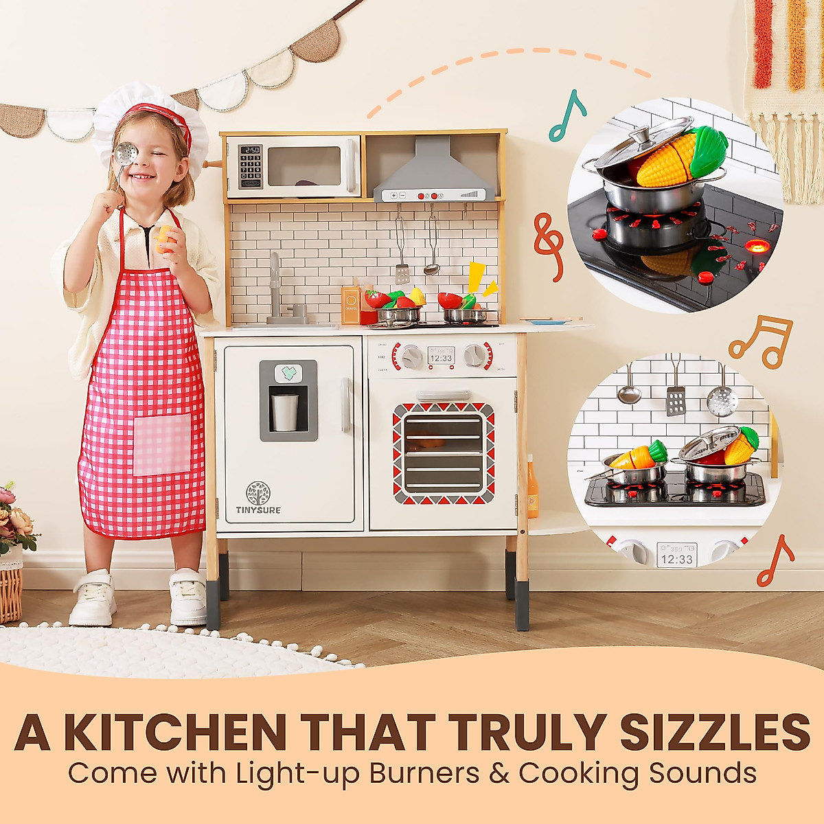 Tinysure Play Kitchen for Kids - Toy Kitchen Set for Toddlers with Realistic Lights and Sounds, Kids Kitchen Playset with Abundant Toy Food Set, Best Gift for Kids Ages 3+
