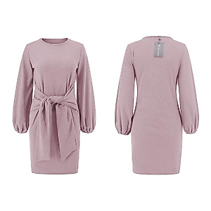 R.Vivimos Women's Autumn Winter Cotton Long Sleeves Elegant Knitted Bodycon Tie Waist Sweater Pencil Dress (Small, Light Violet)