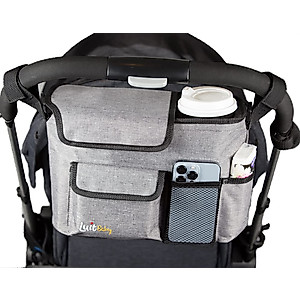 LuitBaby Large Universal Stroller Organizer Bag with Insulated Stroller Cup and Phone Holder | Stroller Accessories Organizer and Waterproof Bottle Holder and Shoulder Strap (Grey)