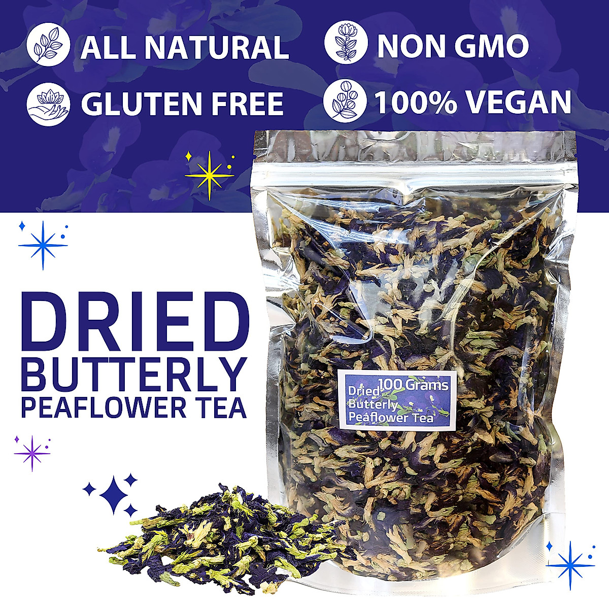 Butterfly Pea Flower Tea (3.52 Oz) Healthy herbal tea caffeine free and gluten free. Flower tea made with single ingredient for healthy skin and hair