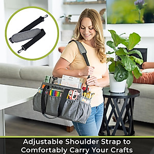 Large Craft Organizer Tote Bag - Art Bag 16 x 7.9 x 9.5 with Elastic Side Pockets to Keep Markers Tidy - Durable Craft Bag Organizer Tote - Caddy Organizer with Handle and Removable Divider (Grey)