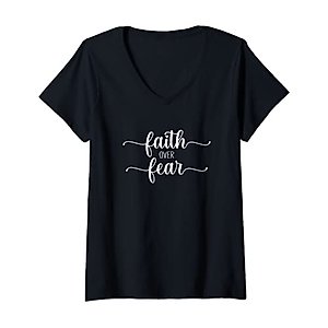 Womens Faith Over Fear - God, Jesus, Christian Bible Inspirational V-Neck T-Shirt