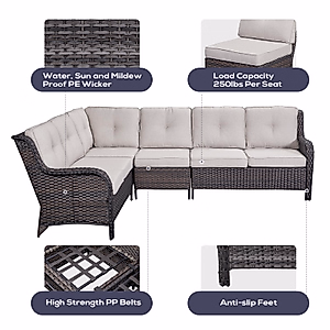 Outdoor Furniture Sectional Sofa L Shaped Couch - Patio Wicker Set with 2 Swivel Glider Chairs, 5 Piece Rattan Patio Conversation Sets with Beige Cushion for Deck Backyard Sunroom