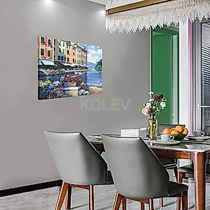 KOLEV Italy Portofino Landscape Oil Painting Poster Retro Landscape Painting Room Wall Decoration Aestheti Canvas Poster Bedroom Decor Office Room Decor Gift Frame-style 20x16inch(50x40cm)
