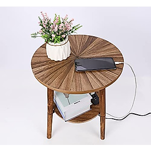 Round Side Table with Charging Station, Mid Century Modern Nightstand, End Table with USB Ports & Power Outlets, Farmhouse Bedside Table, Small Night Stand End Side Tables for Living Room Bedroom