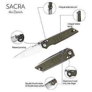 Real Steel Sacra Slide Lock Folding Pocket Knife - Bohler K110 Blade, Micarta Handle - Camping, Hiking, EDC - Men and Women - Satin/Green"