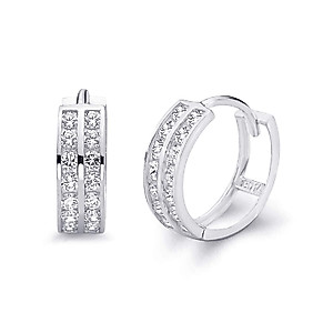 14k REAL White Gold 5mm Thickness CZ Channel Set Hoop Huggie Earrings (15 x 15 mm)