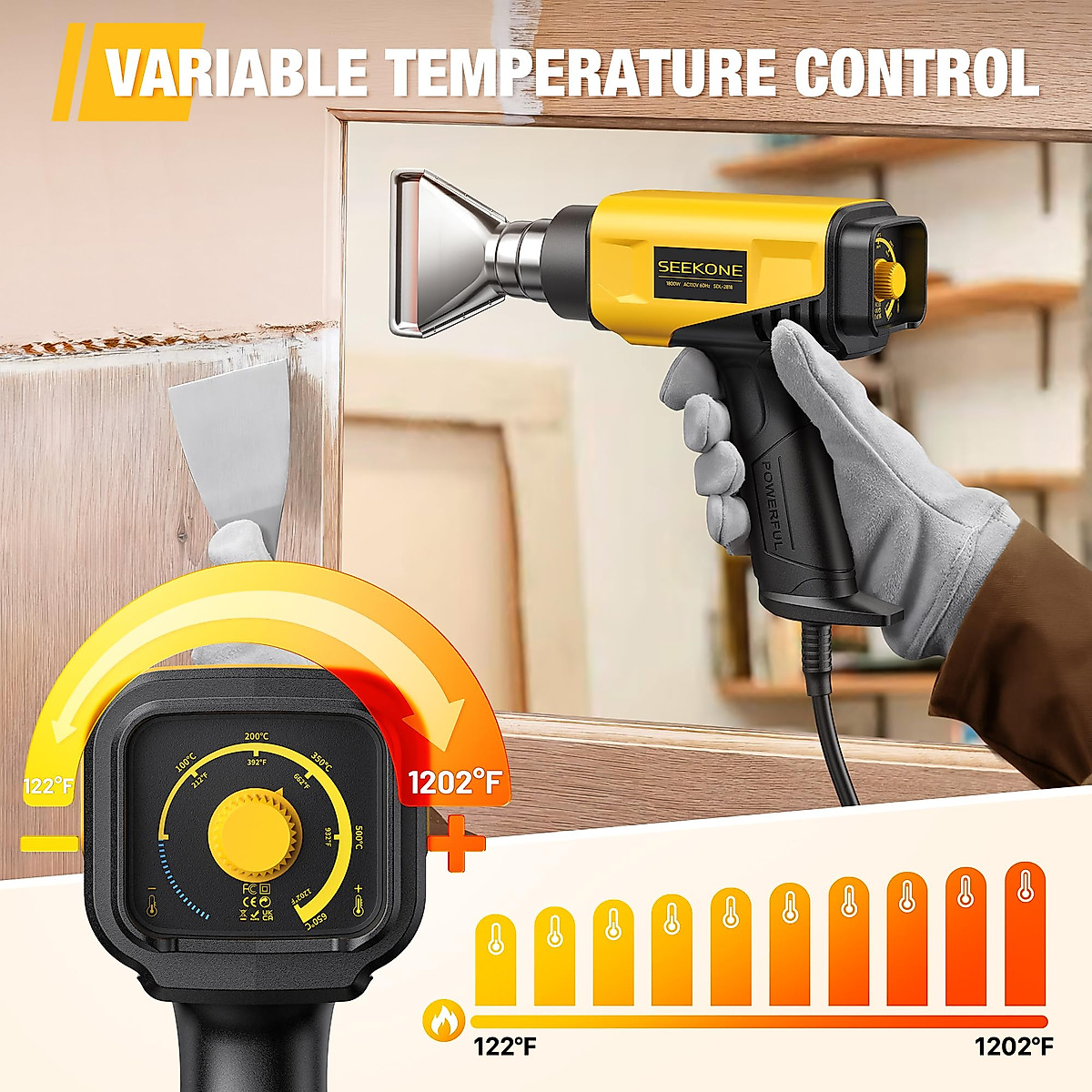 SEEKONE 1800W Heat Gun Compact Design Heavy Duty Hot Air Gun 122℉~1202℉（50℃- 650℃）Variable Temperature Control for 2 Speed Settings with 4 Nozzels for Crafts, Vinyl Wrap, Shrink Tubing