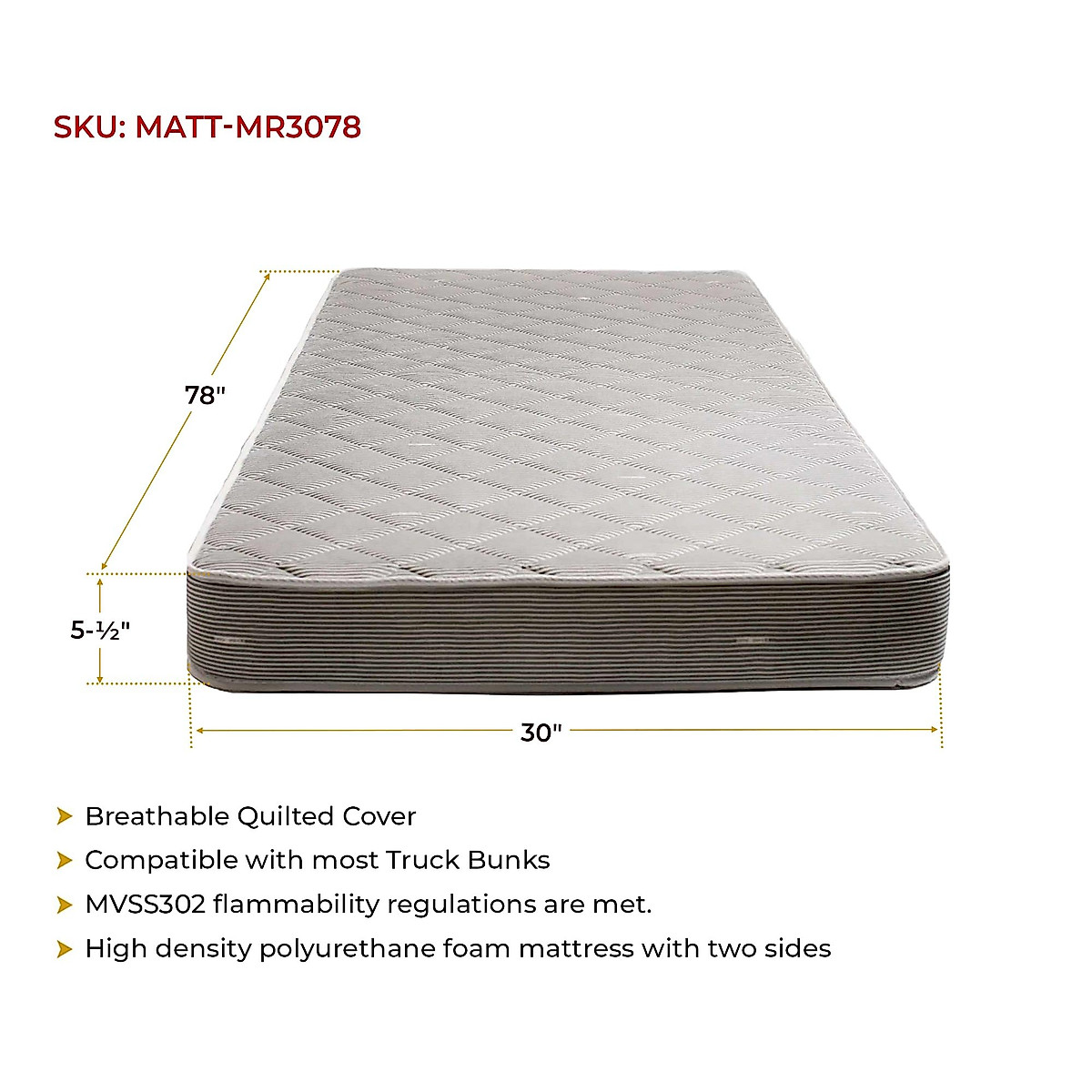 Mytee Products 5.5 Inch Mattress for RV Trailer & Camper 30"x78" - Luxury Foam with Pinstripe Design & Quilted Cover Both Sides - Breathable Trailer Bed Mattress for Truckers