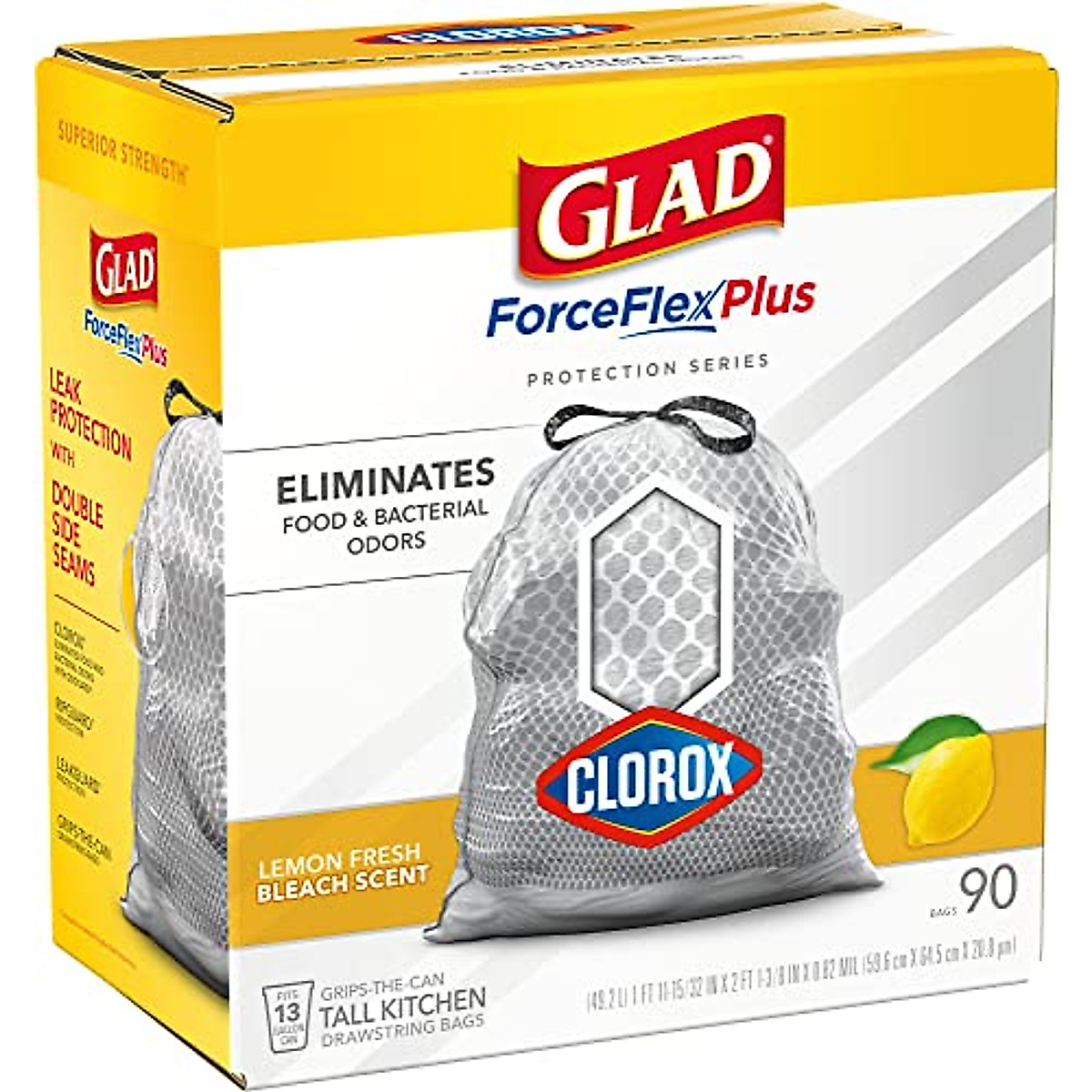 GLAD ForceFlexPlus Tall Kitchen Trash Bags, 13 Gallon Trash Bags for Tall Kitchen Trash Can, Lemon Fresh Bleach Scent to Eliminate Odors, 90 Count (Package May Vary)
