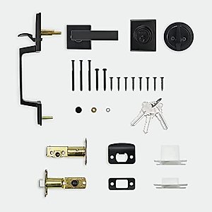 Gaurqiah Front Door Handle Set with Single Cylinder Deadbolt and Door Lever Handle, Zinc Alloy Entrance Handle Set with Lock, Reversible for Right & Left Handed Door, Matte Black,1 Pack