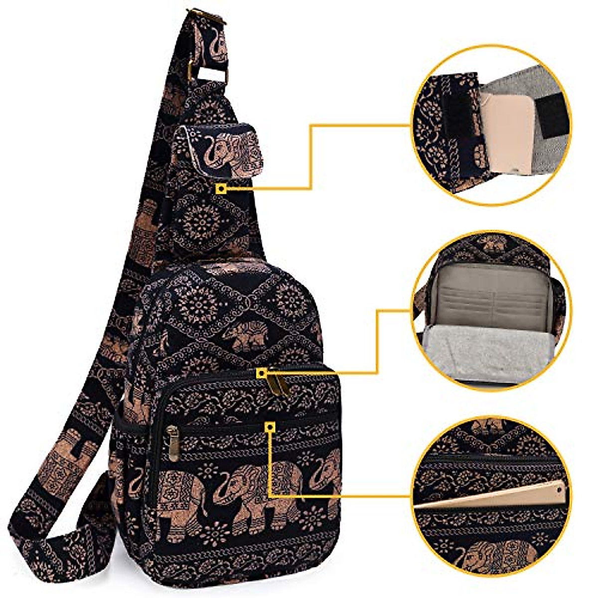 Women sling bag Elephant canvas large boho backpacks bohemian Crossbody bag (Black)