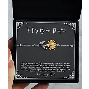 To My Badass Daughter Bracelet From Dad, 925 Sterling Silver Bracelet with 14k Gold Sunflower Charm, Daughter Gift from Dad, Gifts for Daughters from Dad, Birthday Present for Teen Girls