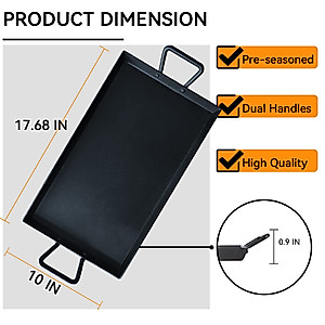 Keleday Cast Iron Griddle Pan Grill for Stove Tops Gas Grills Non-Stick Griddle with 2 Handles Flat Top Plate Pre-Seasoned Grill Pan for Indoor and Outdoor Use Camping 17.68 * 10 Inches