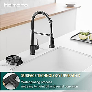 Hoimpro Matte Black Spring Kitchen Faucet with Pull Down Sprayer, Rv Black Kitchen Sink Faucet with Pull Out Sprayer,3 Function Single Handle Laundry Faucet with Cover Plate,Brass(Single or 3 Hole)