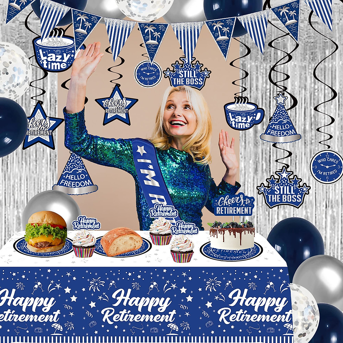 Happy Retirement Party Decorations blue - (89pack) blue party Banner, Pennant, Hanging Swirl, Foil Backdrops, balloons, Tablecloths, cupcake Topper,plates, Photo Props, retired Sash