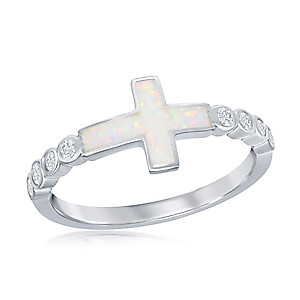 Sterling Silver Created White Opal Cross CZ Band Ring (Size 9)
