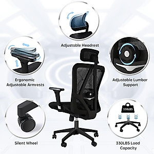 TICONN Big & Tall Ergonomic Office Chair, Home Office Desk Chairs with Wheels, Adjustable Headrest, 3D Adjustable Arm Rest, Lumbar Support (Black)