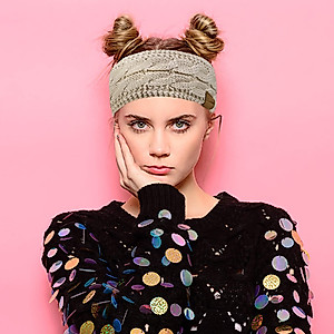 Loritta 2 Pack Headbands for Women Winter Warm Cable Knit Ear Warmer Thick Head Wrap Fuzzy Fleece Lined Gifts, F Beige+Black