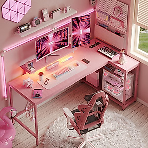 Bestier L Shaped Gaming Desk with Power Outlets,58 LED Small Corner Desk with Reversible Storage Shelves,Pink Computer Desk with Headset Hooks Desk for Living Room and Dormitory