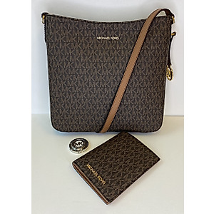 Michael Kors MICHAEL Michael Kors Jet Set Travel Large Messenger Crossbody bundle with Passport Case Purse Hook (Signature MK Brown)