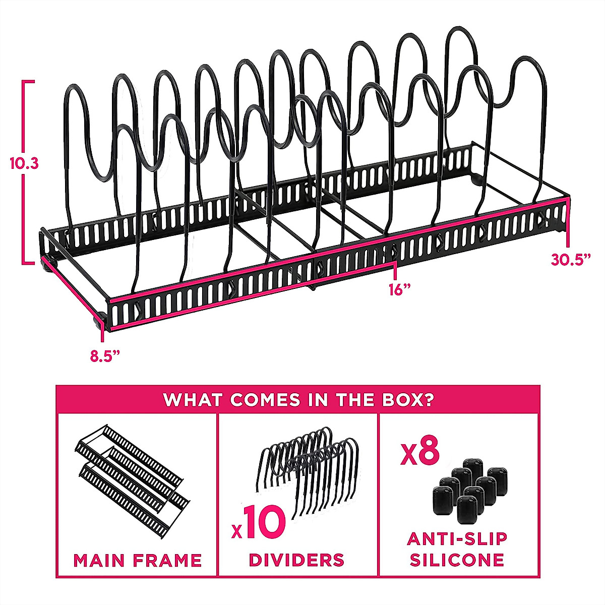 Berry Ave Adjustable Pan Organizer and Pot Rack with 8 Tiers, Rustproof Kitchen Cabinet Storage Organizer For Heavy Pots Pans and Cookware, Display On Counter w/ 3 Easy DIY Options