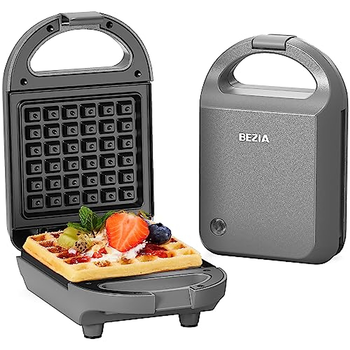 Mini Waffle Maker, Small Waffle Iron Machine Stuffed Non-Stick for Kinds, Breakfast Square Compact Design Tiny, Fast Heat Up, Keto Chaffles, Grilled Cheese, Snack, Gray 600W BEZIA