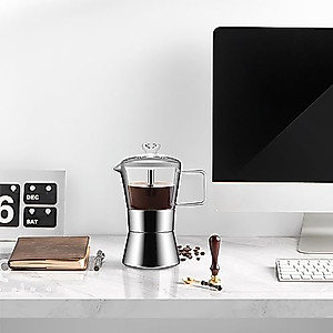 SIXAQUAE Greca Moka Induction Stovetop Espresso Maker,Glass-top & Stainless Steel Espresso Moka Pot,Classic Italian coffee maker,240ml(6cup)