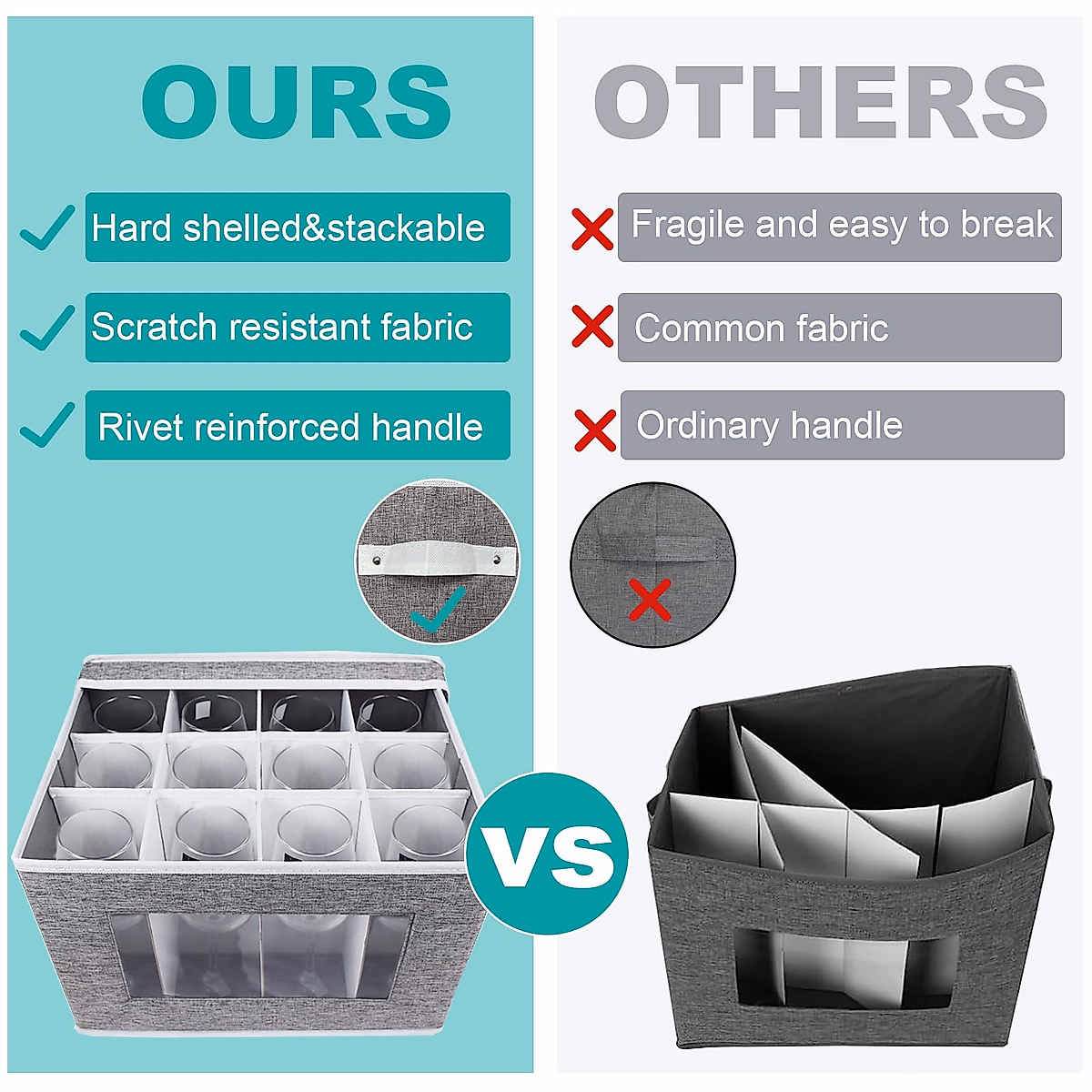 homyfort 2 Pack Stemware Storage Cases, Wine Glass Storage Box with Dividers, China Crystal Glass Storage Containers Organizer for 24 Glassware Moving and Protection (Grey)