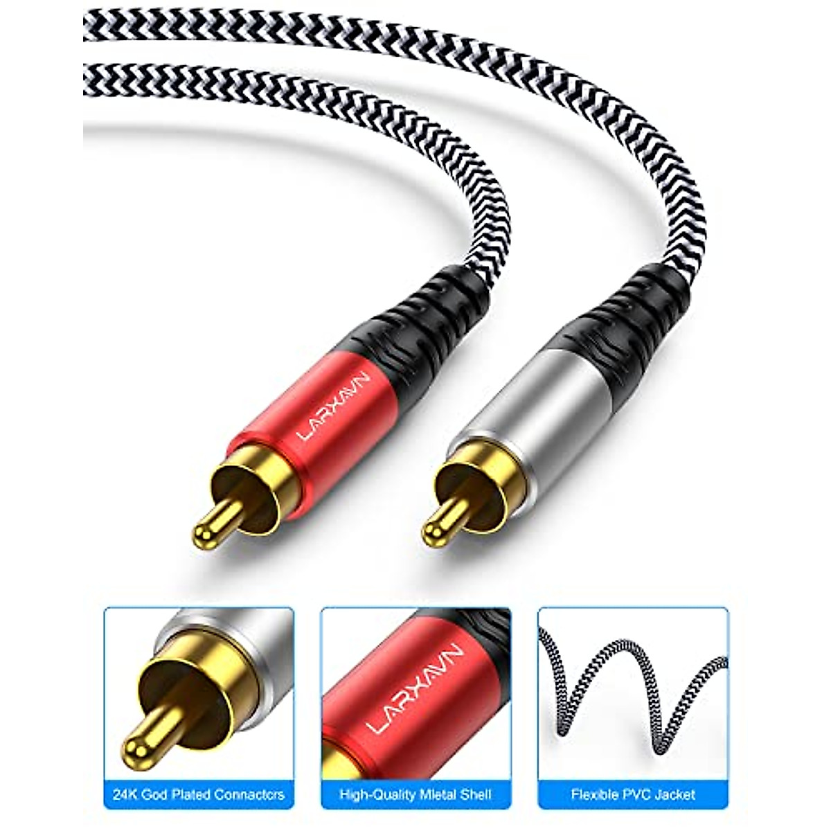 Larxavn RCA Cables 15 ft, RCA Audio Cable [Hi-Fi Sound, Nylon Braided, Shielded] RCA to RCA Audio Cable for Home Theater, HDTV, Amplifiers, Hi-Fi Systems, Speakers
