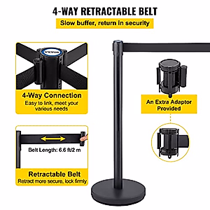VEVOR Crowd Control Stanchion Set, Stanchion Set with 6.6 ft/2 m Black Retractable Belt, Black Crowd Control Barrier w/Concrete and Metal Base - Easy Connect Assembly (6)