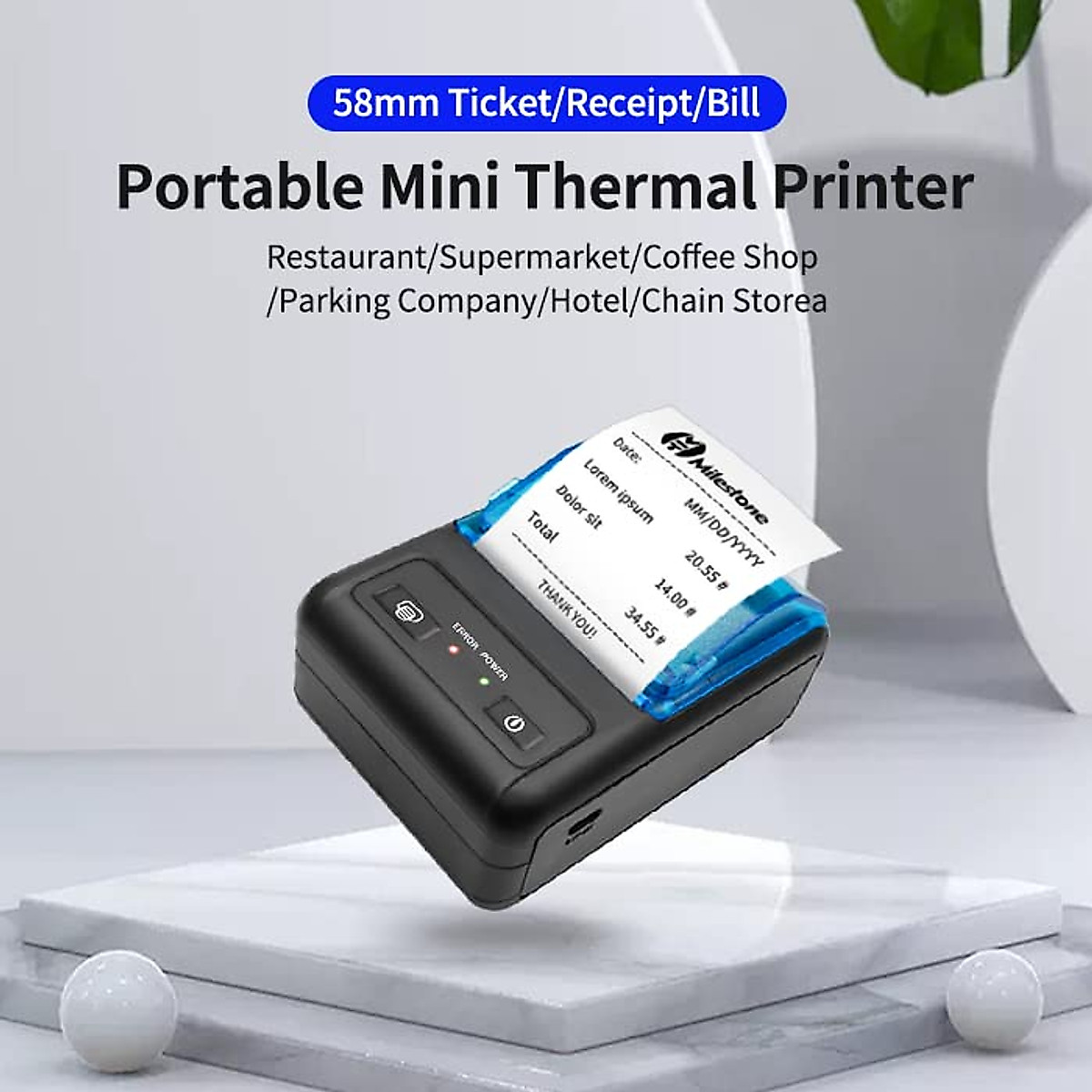BestXinYin 58mm Bluetooth Thermal Receipt Printer,Portable Mobile POS Printer for Small Business,2.28inch Mini Ticket Printer Compatible with Android &Windows,Not Support iOS &Square